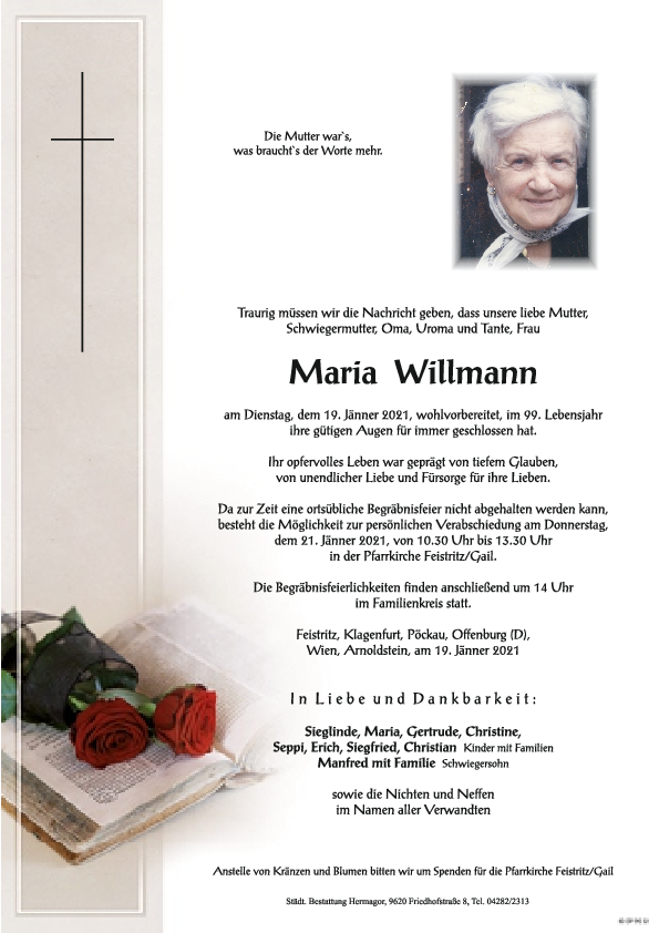 Maria Willmann, geb. Mikula, 98 Jahre, Feistritz/Gail