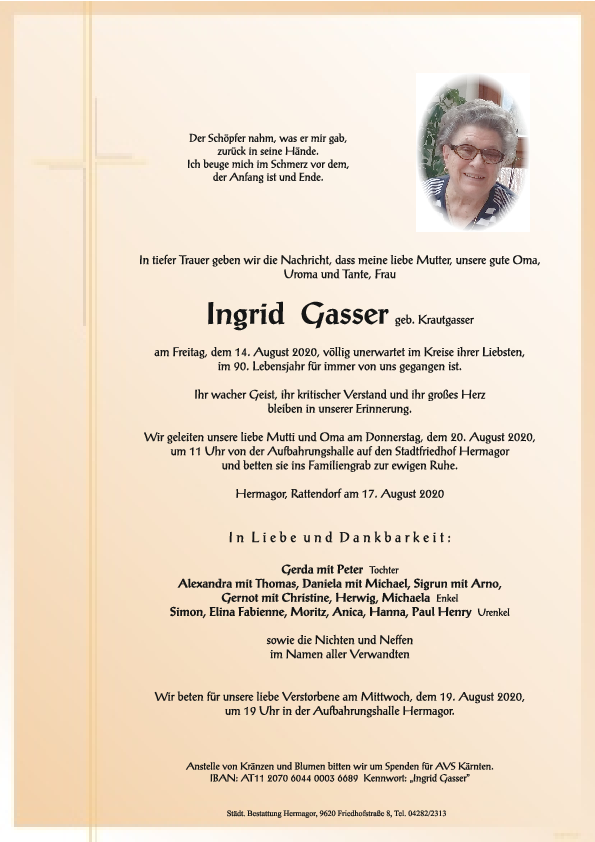 Ingrid Gasser, geb. Krautgasser, 89 Jahre, Hermagor