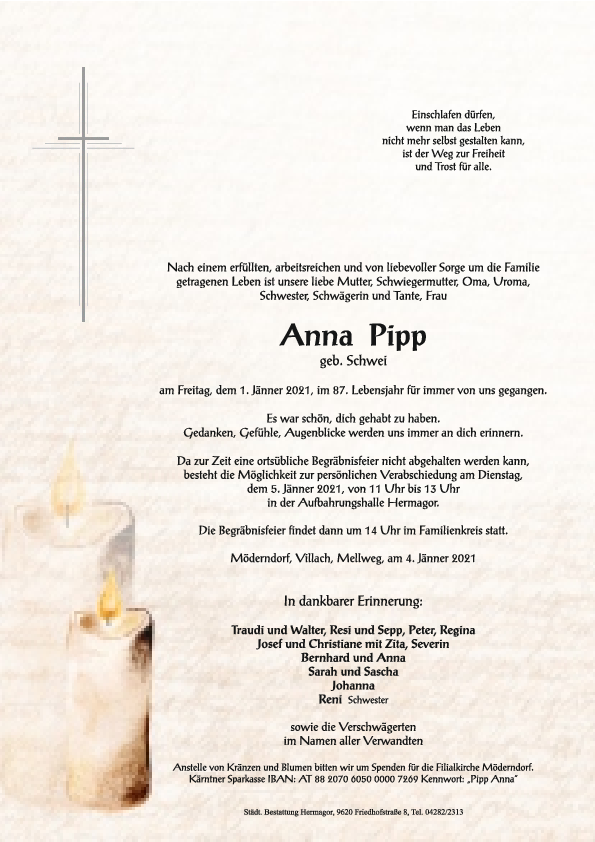 Anna Pipp, geb. Schwei, 86 Jahre, Möderndorf